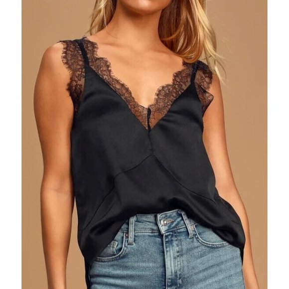 Lulus | Tops | Lulus Forever Flirty Black Lace Cami Top Satin V Neck S ...